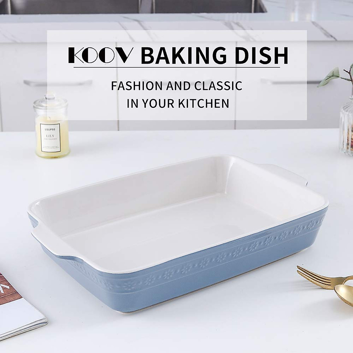 KOOV Individual Lasagne Pan Deep, Rectangular 9x13 Baking Dish, Ceramic Baking Dish, Bakeware for Tapas, Roasting, Casserole Dish for Oven, (Haze Blue)
