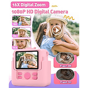 Kids Camera Instant Print with Silicone Cover, Creative Gifts for Girls Age 4-12 Birthday Christmas, 1080P Digital Camera Toy with 32GB SD Card - Pink