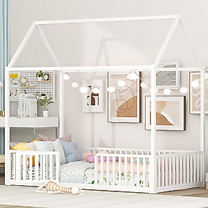 Twin Floor Bed with Door and Fence, Metal Montessori Bed Twin Size, Kids Montessori Floor Bed with Roof/House Floor Bed for Kids, Girls, Boys, Twin Floor Bed White