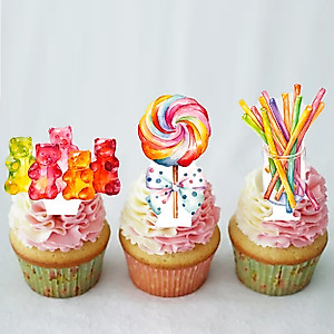 48Pcs Lollipop Cupcake Toppers Candyland Party Decorations Candyland Lollipop Cupcake Decorations Sweet Candy Cake Topper for Candyland Themed Birthday Baby Shower Supplies