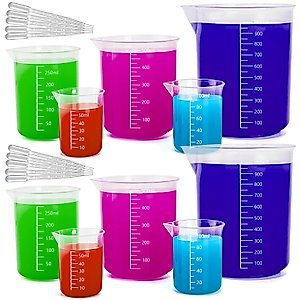 Plastic Beakers Set, 20 Pcs Plastic Measuring Beakers and Droppers, 10 Pcs Clear Measuring Graduated Liquid Container Beakers in 50/100/250/500/1000ml with 10 Pcs Thickened Plastic Droppers in 3ml