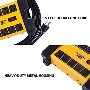CRST 10-Outlet Heavy Duty Power Strip Surge Protector with 2800 Joules for Garden, Workshop, School, Shop 14AWG 15FT+6FT