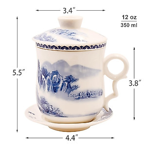 HODRME Chinese Porcelain Tea Mug-4 PCS Kit JingDeZhen Handmade Ceramic Kung Fu Tea Cup with Loose Leaf Tea Brewing System For Home Office Kitchen (Style B)
