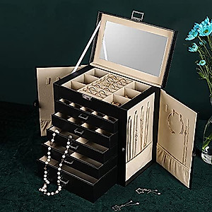 Frebeauty Large PU Jewelry Box Bundle:A Multi-functional Jewelry Box(Black) and A 50 Slot Earring Organizer Box(Black) of Rings Earrings Necklace Bracelets for Women Girls