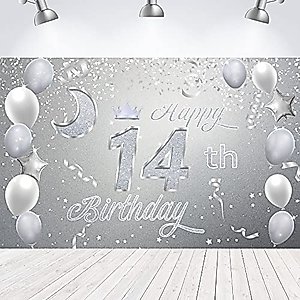 Sweet Happy 14th Birthday Backdrop Banner Poster 14 Birthday Party Decorations 14th Birthday Party Supplies 14th Photo Background for Girls,Boys,Women,Men - Silver 72.8 x 43.3 Inch