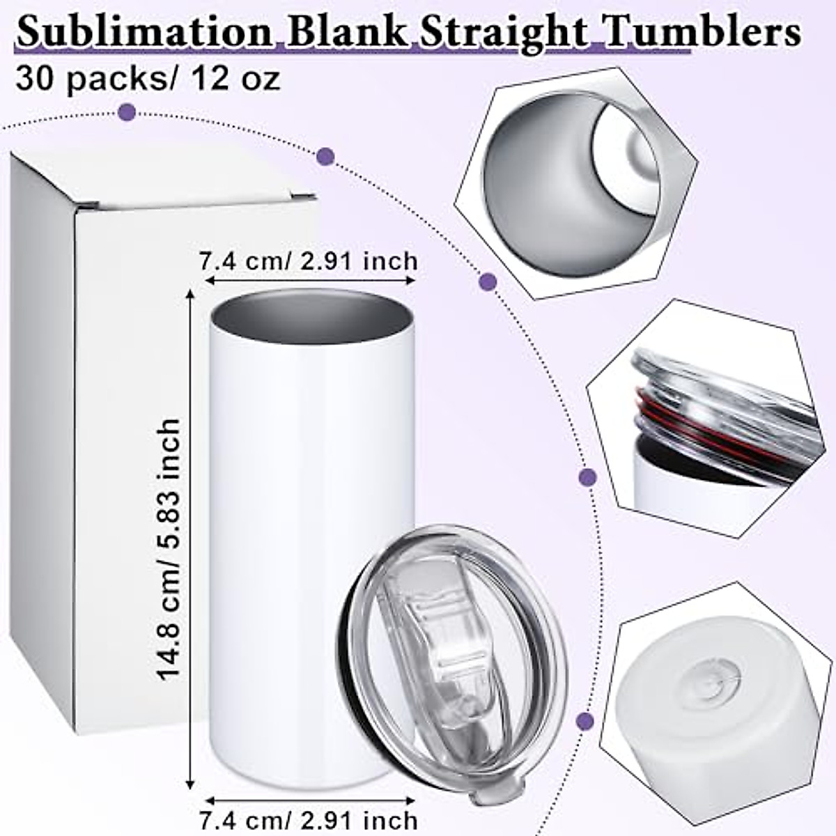 Potchen 30 Pack Sublimation Tumblers Bulk Blanks Straight Skinny Tumblers with Lids Sublimation Cups Stainless Steel Double Wall Vacuum Insulated Mugs DIY Gift Heat Press Machine(12 Oz)