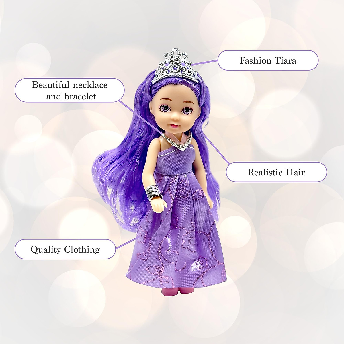 Little Dolls Set with Mini Princess Dolls for Girls – Princess Toy Dolls for Dollhouse –Small Doll Mini Princess Figures with Tiaras, Hair Accessories