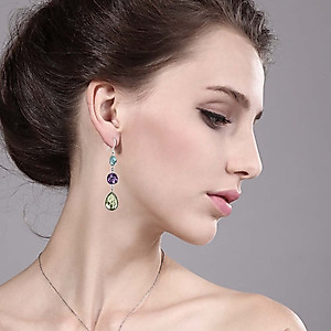 Gem Stone King 925 Sterling Silver Multi Shape Sky Blue Topaz Purple and Green Amethyst Dangle Earrings For Women