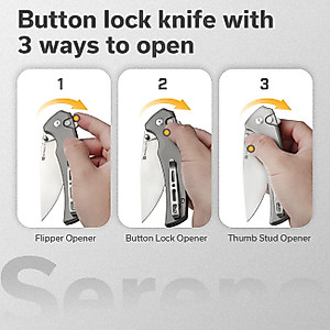 SENCUT Button Lock Pocket Knife for EDC, Serene Folding Knife, Thumb Stud & Flipper Opener, Aluminum Handle with 3.48" D2 Black Stonewashed Blade for Outdoor, Camping, Hunting S21022B-3 (Gray)