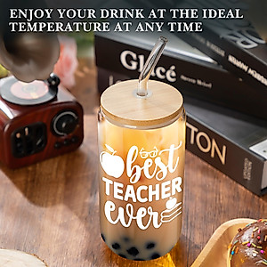 Pinkunn 12 Set Teacher Cup Appreciation Gifts Bulk for Women Glass Cups 16oz Can Shaped Beer Glass with Lids Straws Brushes Teacher Birthday Gifts(Colorful)