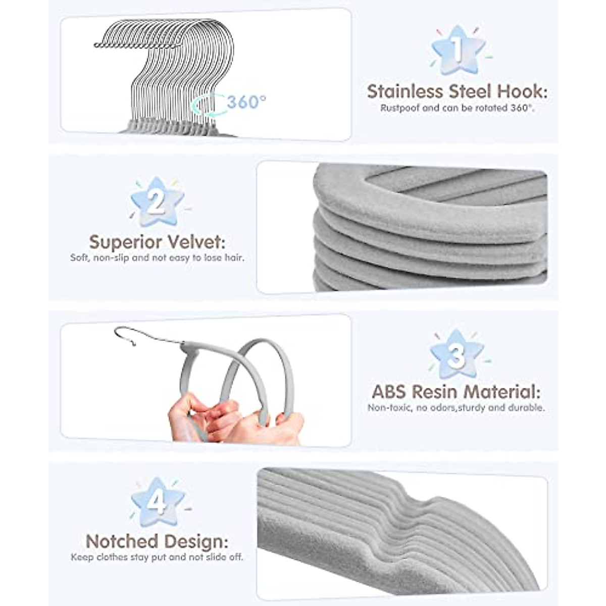 Kids Velvet Hangers, VIS'V 11 Inch Gray Non-Slip Baby Clothes Hangers with 6 Pcs Cute Clothing Dividers for Infant Toddler Boys & Girls Closet Organizer - 30 Pack