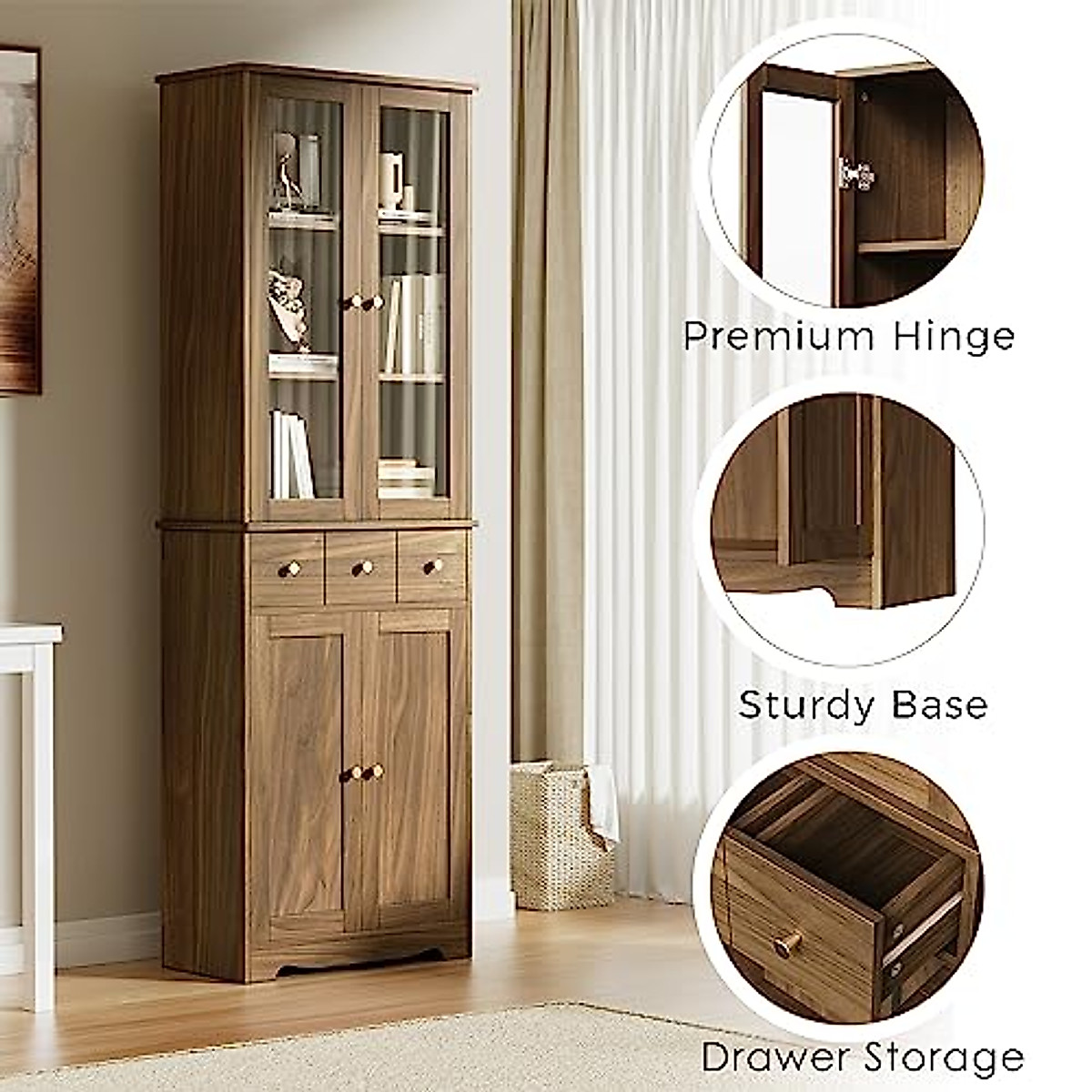 Display Cabinet with Glass Doors and Adjustable Shelves,3-Tier Home Office Bookshelf with Storage Drawers, Freestanding Storage Cabinet for Office Bedroom Dining Living Room（Natural Wood）