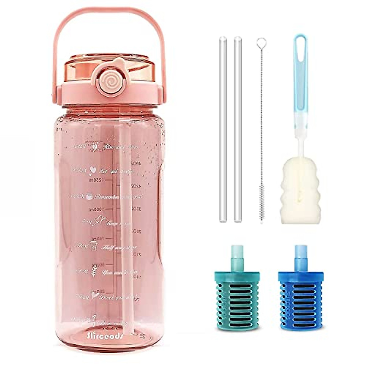 Slirceods half gallon filtered water bottle(Mother's Day Gift)，64OZ Pink Water Bottle with Straw& Time Marker -Increase ph-BPA Free(1pack Filter)