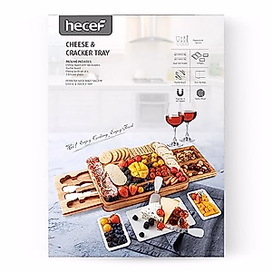 hecef Cheese Board Set Acacia Wood - Large Charcuterie Board with Stainless Steel Knife Set, Thick Wooden Server - Fancy House Warming Gift, Birthday Present & Perfect Choice for Gourmets