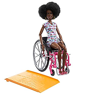 Barbie Fashionistas Doll #194 with Wheelchair and Ramp, Natural Black Hair and Rainbow Heart Romper with Accessories