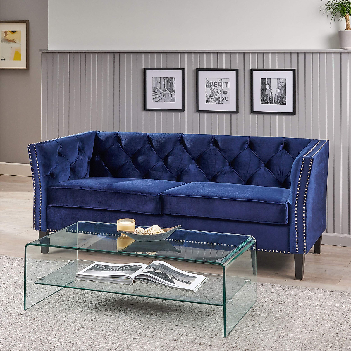 Christopher Knight Home Sunny Velvet 3 Seater Sofa, Midnight Blue, Dark Brown
