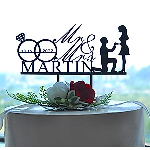 Carved wood decoration,Personalized Wedding Cake Toppers, Customize Wedding Date And Last Name, Bride & Groom,Mr& Mrs Cake Topper,Cake Topper (Diamond ring + Character（wood）)