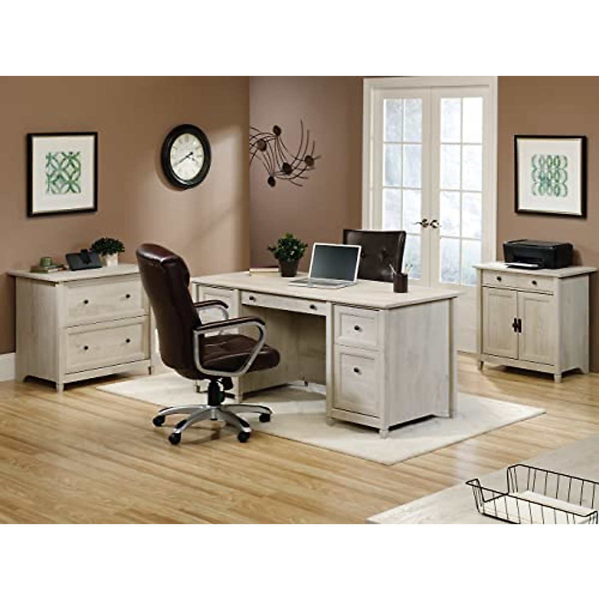Sauder Edge Water Executive Desk, L: 65.12" x W: 29.53" x H: 29.37", Chalked Chestnut finish