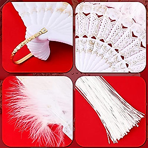 2 Pieces Feather Hand Fan Embroidered Flower Marabou Feather Fan 1920s Feather Fan Hand Fan Folding Hand Fan Drag Queen Fan for 20s Women Costume Party Dancing Photoshoot Wedding Decor (White, Black)