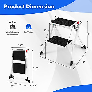 Goplus 2 Step Ladder, Lightweight Folding Step Stool with Anti-slip Pedals, Non-slip Foot Covers, Heavy Duty Metal Stepladder for Household, Kitchen, 330 LBS Weight Capacity, White & Black