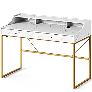 LINSY HOME Computer Desk with Drawers, 47-inch Writing Desk Study Table with Monitor Stand Riser for Home Office, White