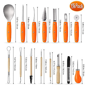 Unomor Halloween Pumpkin Carving Tools Kit, 15 PCS Professional Pumpkin Carving Set Includes Wooden Sculpture Knife Saw Marker for Halloween Pumpkin Decoration, Easily Carve Jack-O-Lantern