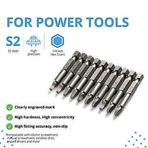 VESTTIO Square Head SQ2 Screwdriver Bit Set 10PCS 1/4 Inch Hex Shank 2 Inch/50 mm Length S2 Steel with Magnetic for Power Screwdriver Drill Impact Driver
