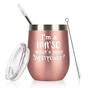 Lifecapido Nurse Gifts for Women, Wine Tumbler with Lid and Straw, I'm A Nurse Stainless Steel Wine Tumbler, Christmas Appreciation Nursing, Gifts for Nurse, New Nurse(12 Oz, Rose Gold)