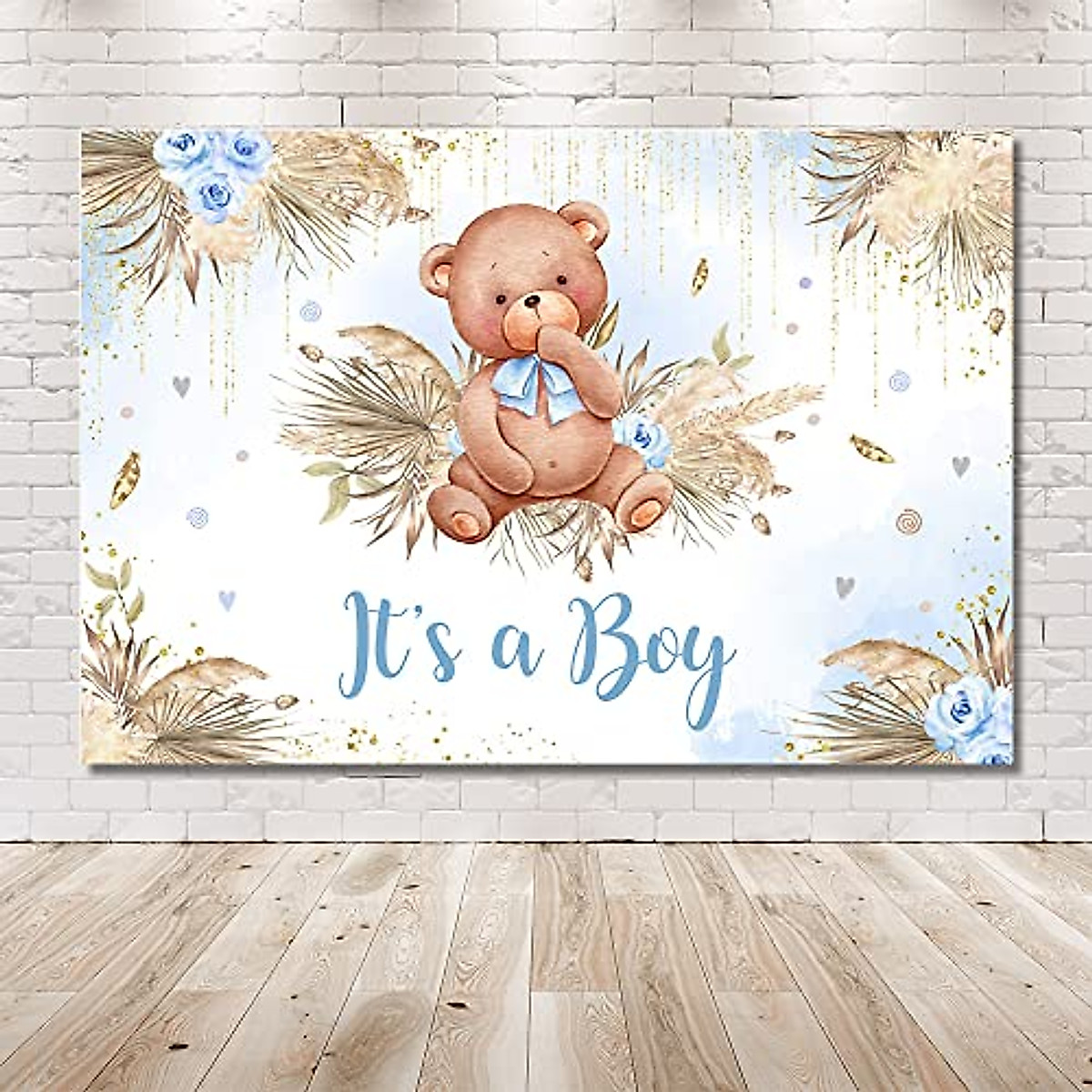 MEHOFOND Boho Bear Baby Shower Backdrop for Boy Baby Shower Party Decorations Bohemian Pampas Gass It's a Boy Baby Shower Photography Background Gold Glitter Dots Decor 7x5ft