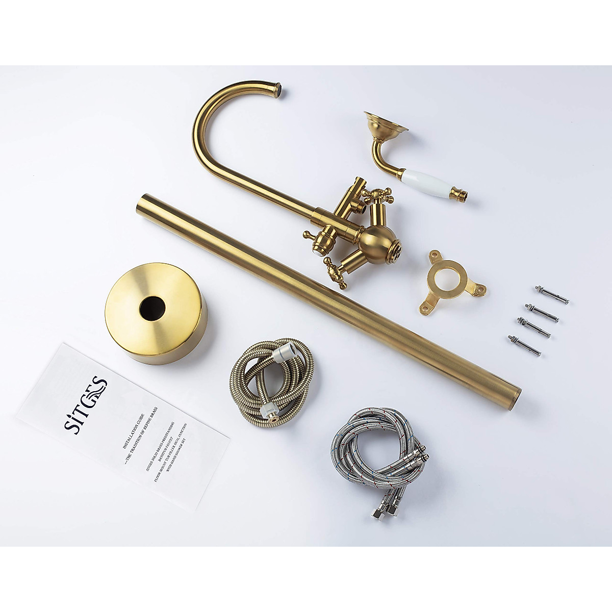 SITGES Solid Brass Freestanding Bathtub Faucet, Bathroom Floor Mount Tub Filler, Dual Function Double Cross Handle with Ceramic Hand Shower, Brushed Gold