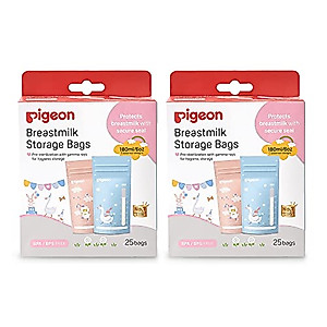 Pigeon Breast Milk Storage Bag, Disposable Self Standing Bag, 5 Colourful Design, 50 Pcs (Pack of 2), 6 Oz