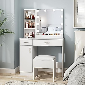 Fameill White Vanity Desk with Mirror and Lights,Makeup Vanity with 2 Drawers Lots Storage,Vanity Table with Lighted Mirror,3 Lighting Colors, Brightness Adjustable,35in(L)