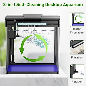 PONDON Fish Tank, 3 Gallon Glass Aquarium with Air Pump, LED Cool Lights and Filter, Small Fish Tank for Betta Fish Starter Kit (Black)