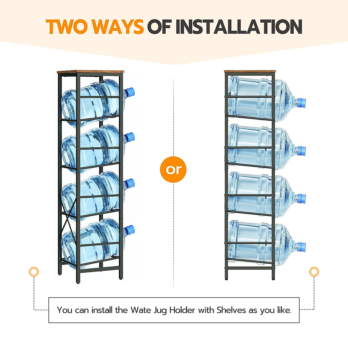 HOOBRO Water Jug Rack, Water Bottle Holder, 5 Gallon Water Jug Rack, 4-Tier Water Bottle Stand, Water Jug Stand, for Kitchen, Living Room, Office, Rustic Brown and Black BF02ST01