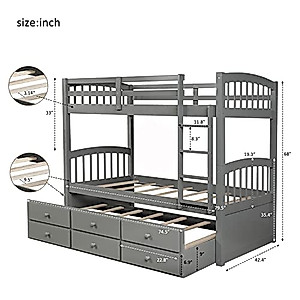 BIADNBZ Twin Over Twin Bunk Bed with Trundle and 3 Storage Drawers, Wooden Detachable Bunkbed Separated into 2 Platform Bedframes for Bedroom/Guest Room, Gray