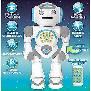 LEXiBOOK Powerman Max - Remote Control Walking Talking Toy Robot STEM Programmable Dances Sings Telling 10,000 Stories 300+ Learning Quiz Shooting Discs and Voice Repeat for Kids 4+ - ROB80EN, White