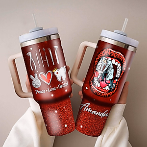 WAZONE Personalized Dentist 40oz Tumbler with Handle and Straw Lid Custom Name Insulated Travel Mugs Stainless Steel Peace Love Dental Leopard Gifts for Women Student Medical Oral Hygienists