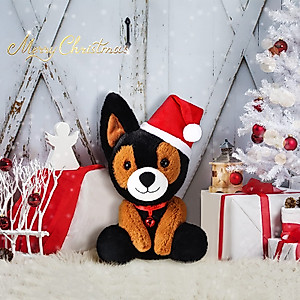 Threan 8 Inch Christmas Stuffed Animal Christmas Plush Doll with Santa Hat for Holiday Decoration Winter Gifts(Dog Style)