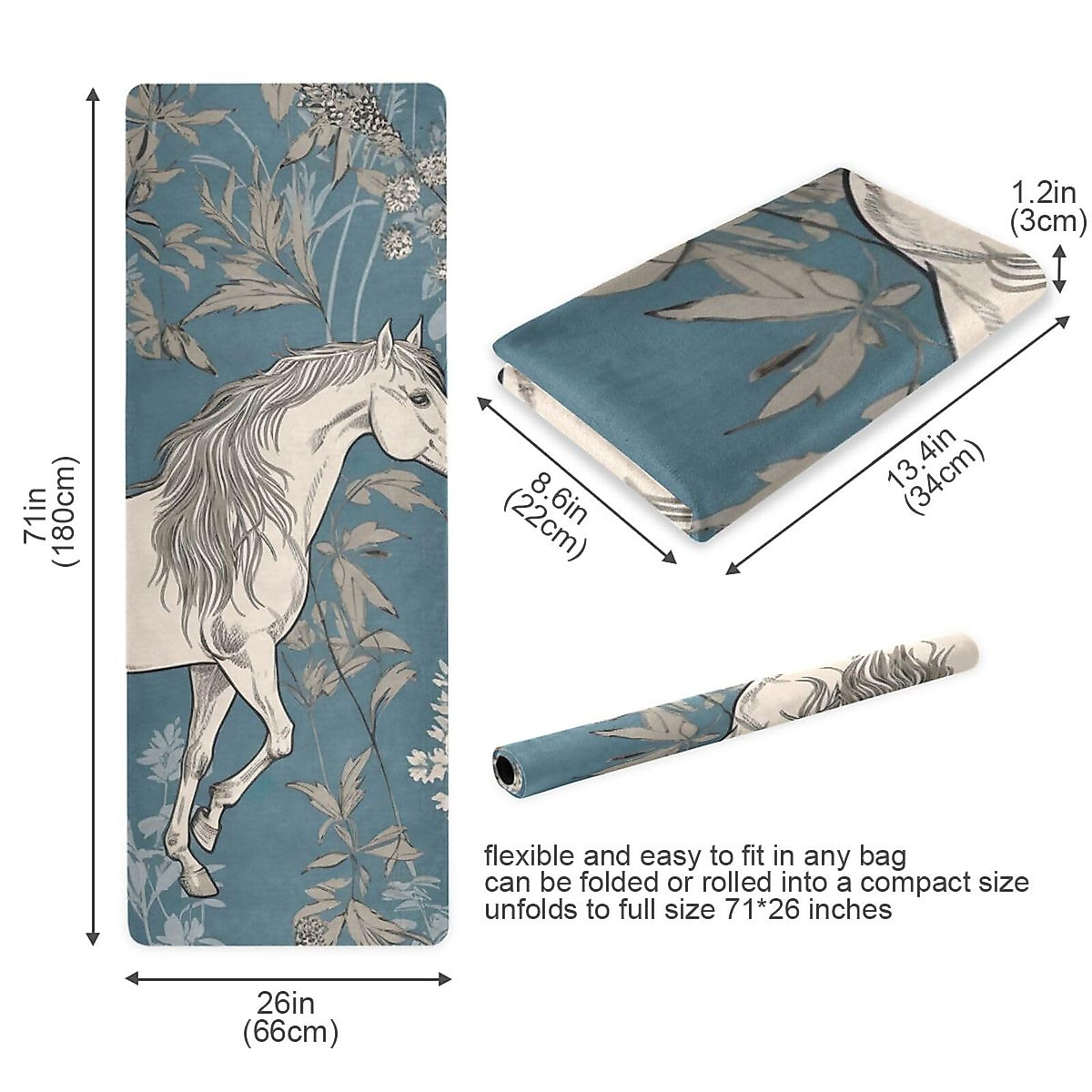GOODOLD Horse Doodles Yoga Mat, 71 x 26 Inch Non-slip Yoga Mats Folding Travel Exercise Mat Indoor Outdoor Gym Pilates with Storage Bag for Women Men