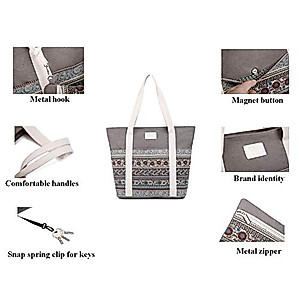 Wxnow Canvas Boho Tote Bag Top Handle for Women Shoulder Hobo Purse Beach Handbags School Word Travel Shopping Pack B-Light Grey