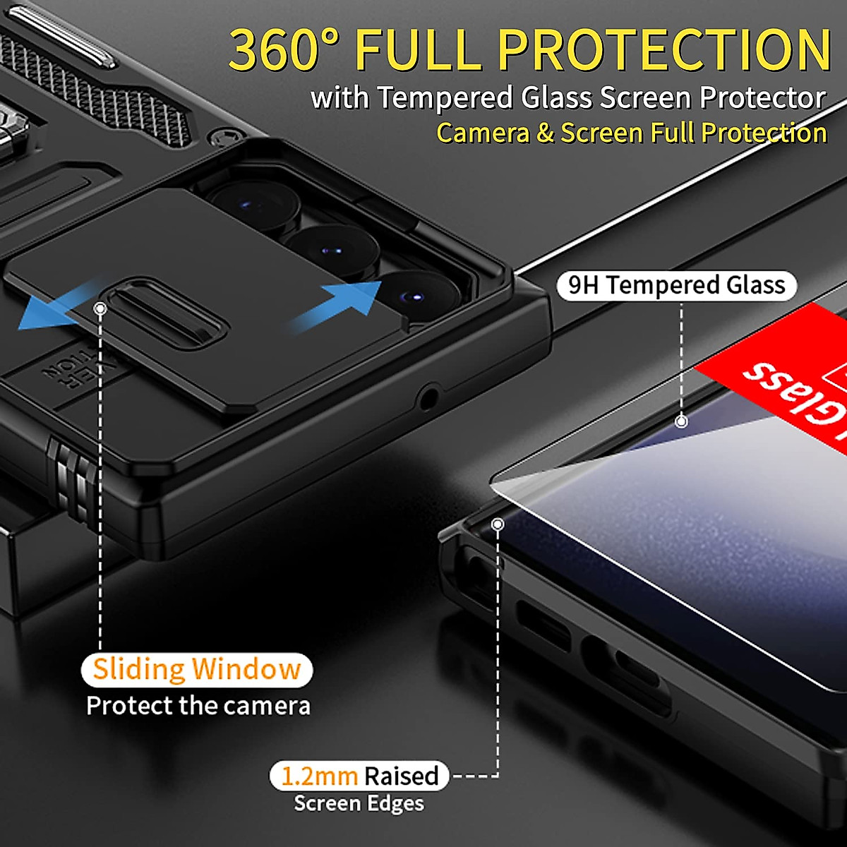 FRLMOOES for Samsung Galaxy S23 Ultra Case with Tempered Glass Screen Protector,Samsung Galaxy S23Ultra Kickstand Case with Slide Camera Cover&360°Magnetic Ring Stand Shockproof Phone6.8inch Man black