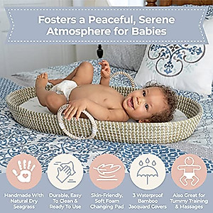 KIDDO VIBES Handwoven Baby Changing Basket with Pad & 3 Waterproof Bamboo Jacquard Covers - Multifunctional CPSC Compliant Organic Seagrass Baby Moses Basket with a Soft Thick Waterproof Changing Pad