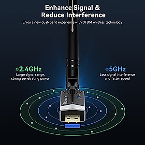 USB WiFi Adapter for PC, Techkey AC1300Mbps Dual Band Wireless Network Adapter, Network WiFi USB 3.0 for Desktop Laptop with 2.4GHz/ 5GHz High Gain 5dBi Antenna, Support Win10/8.1/8/7/XP…