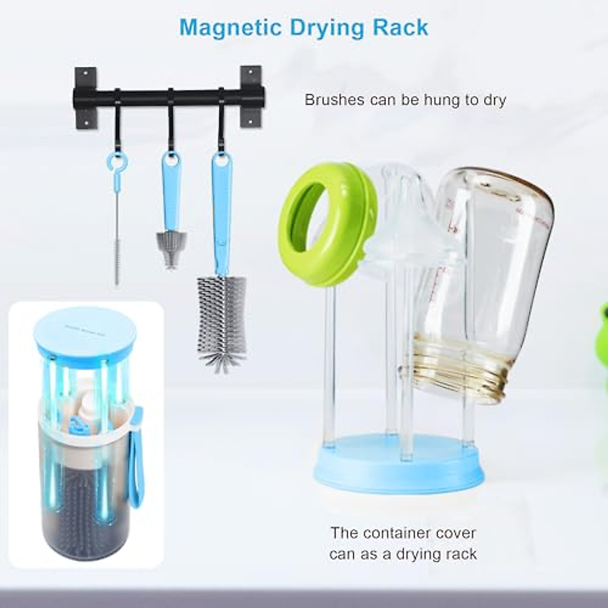 Travel Bottle Cleaner Kit with Baby Bottle Drying Rack, Silicone Liquid Brush, Nipple Brush, Straw Brush, Bottle Soap Dispenser, Baby Bottle Scrubber Brush - Portable Baby Bottle Brush Set, Blue