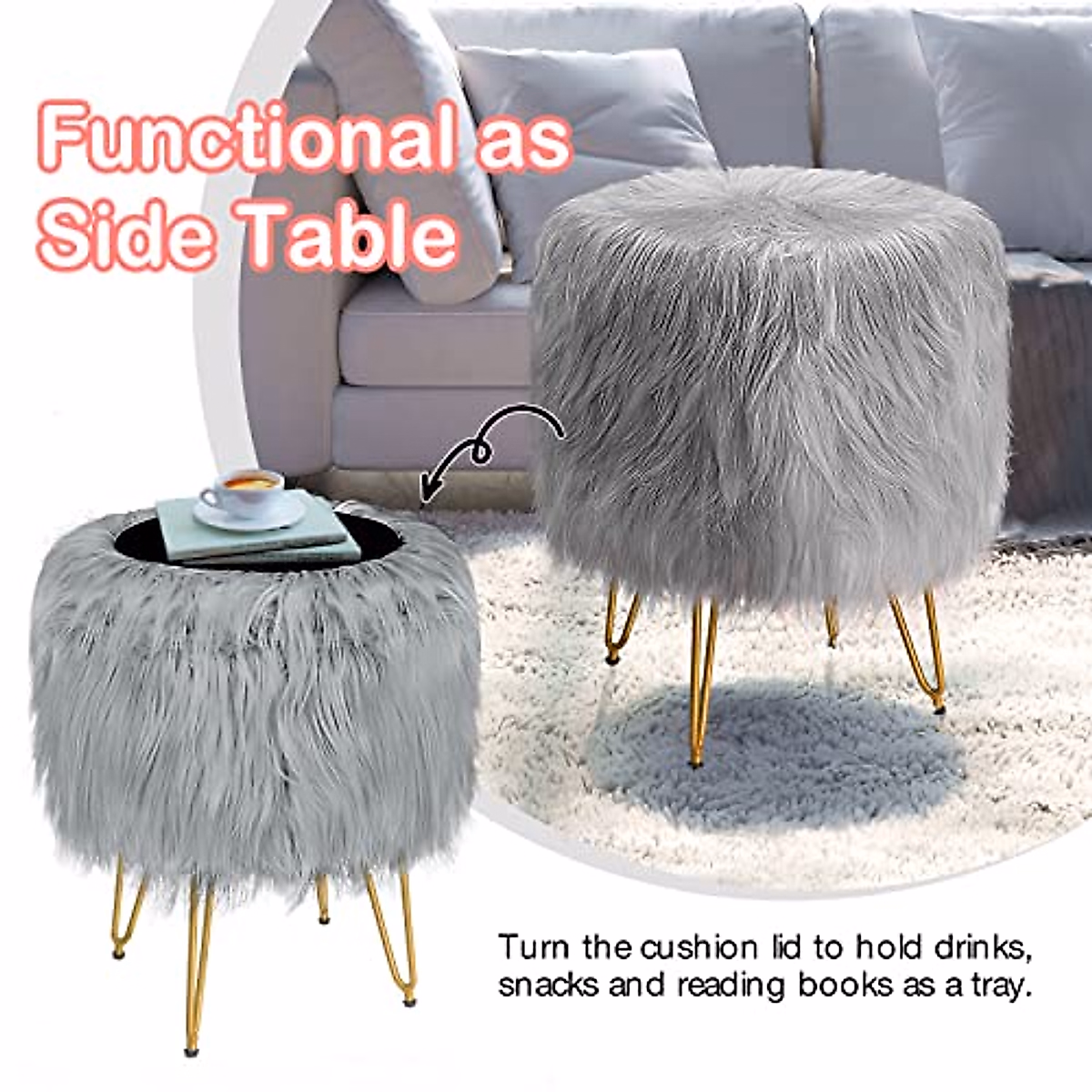 GREENSTELL Vanity Stool Chair with Storage, 15.75" W x 19.29" H Round Faux Fur Ottoman with 4 Metal Legs, Furry Padded Seat, Modern Multifunctional Makeup Stool for Bedroom Living Room Grey