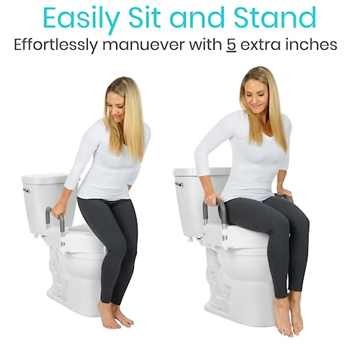 Vive Raised Toilet Seat - 5" Portable, Elevated Riser with Padded Handles - Elongated and Standard Fit Commode Lifter - Bathroom Safety Extender Assists Disabled, Elderly, Seniors, Handicapped (1)