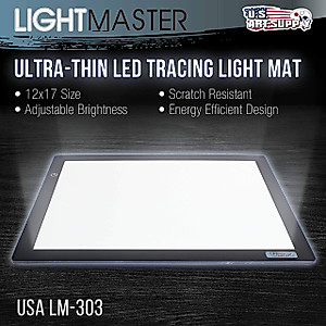 U.S. Art Supply Lightmaster 24.3" Diagonal Professional (A3) 12"x17" LED Lightbox Board 12-Volt Super-Bright Ultra-Thin 3/8" Profile Light Box Pad Dimmable - Measuring Overlay Grid & Circle Template