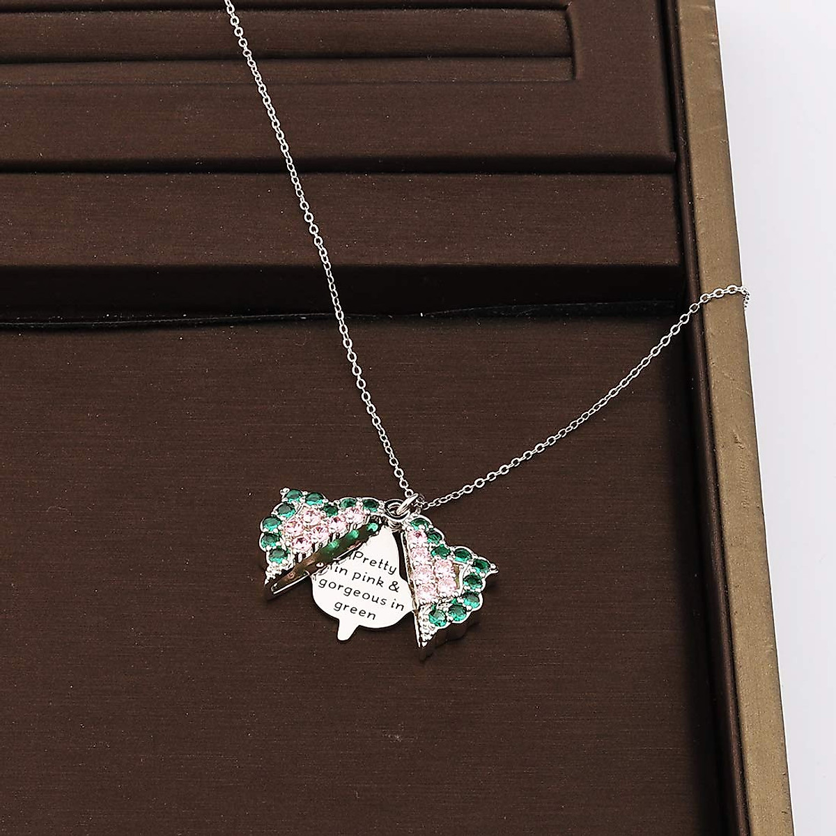 CENWA Sorority Gifts Pretty In Pink & Gorgeous in Green Zircon Leaf Open Locket Necklace Gift For Sorority Sister (Pretty in pink N)