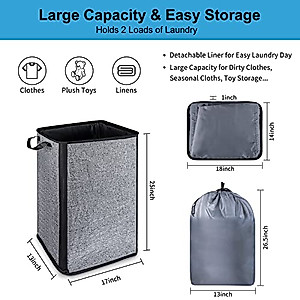 Large 90L, 25" Tall Collapsible Laundry Hamper with Removable Bag, Durable Freestanding, Sturdy Handles for Toys Clothes Bedroom, Bathroom, College Dorm, Grey