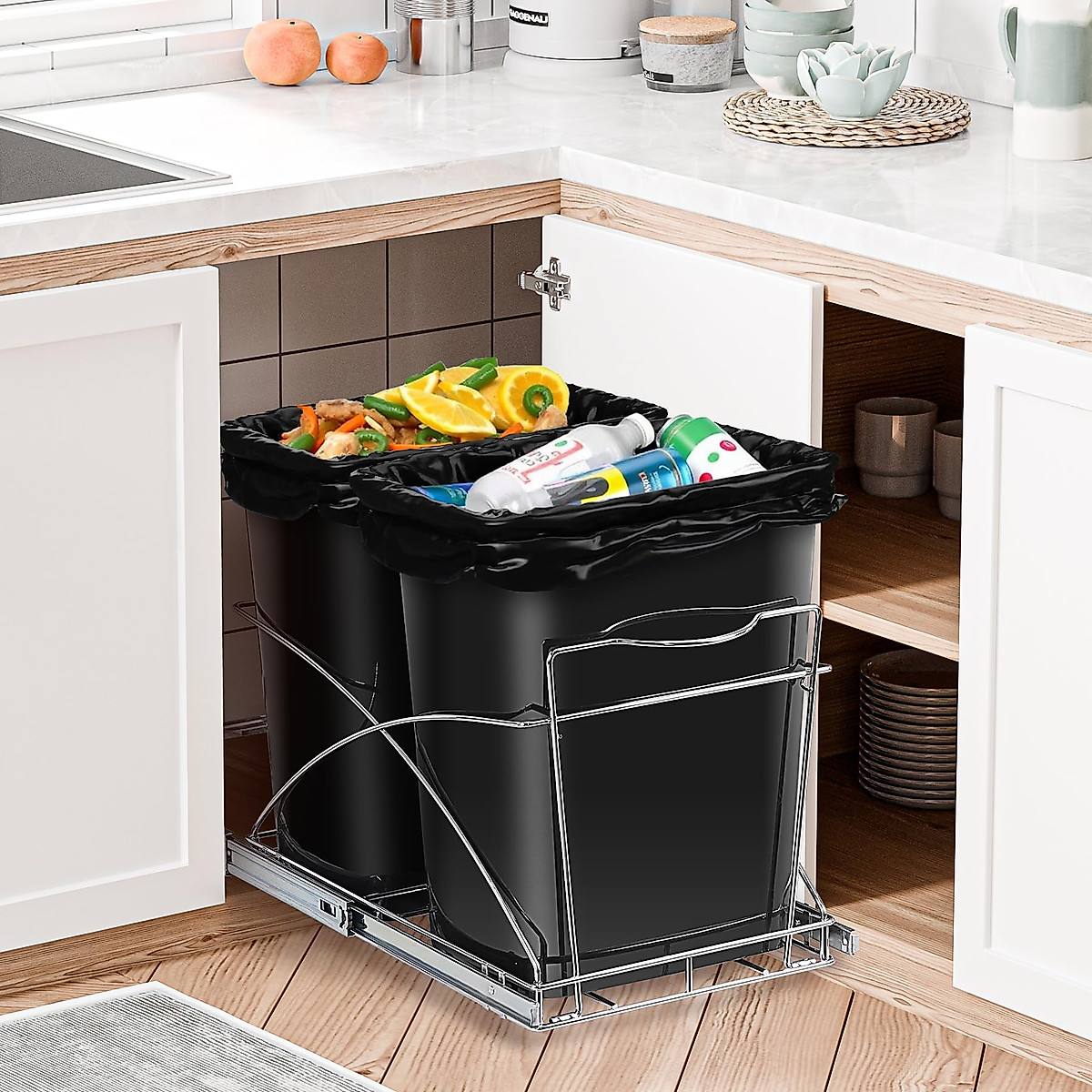 JupiterForce Double 35 Quart Sliding Pull Out Garbage Recycle Bin Kitchen Trash Can Container Under Cabinet Design for Home Kitchen, Black